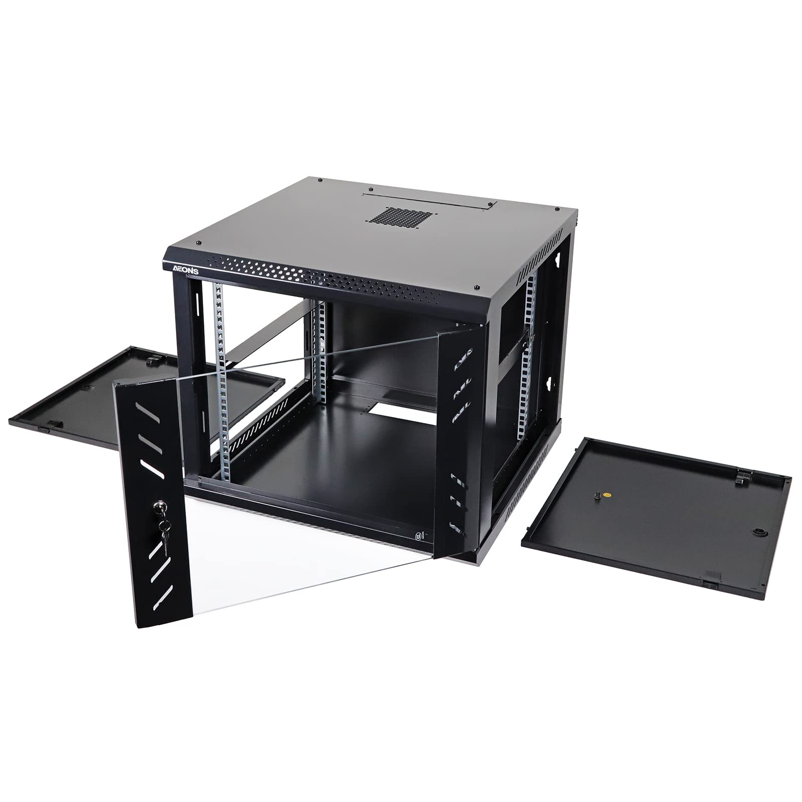 AEONS Professional Wall Mount 19-Inch IT Server Rack Network Cabinet Enclosure 9U 16" Switch-Depth Glass Door Black
