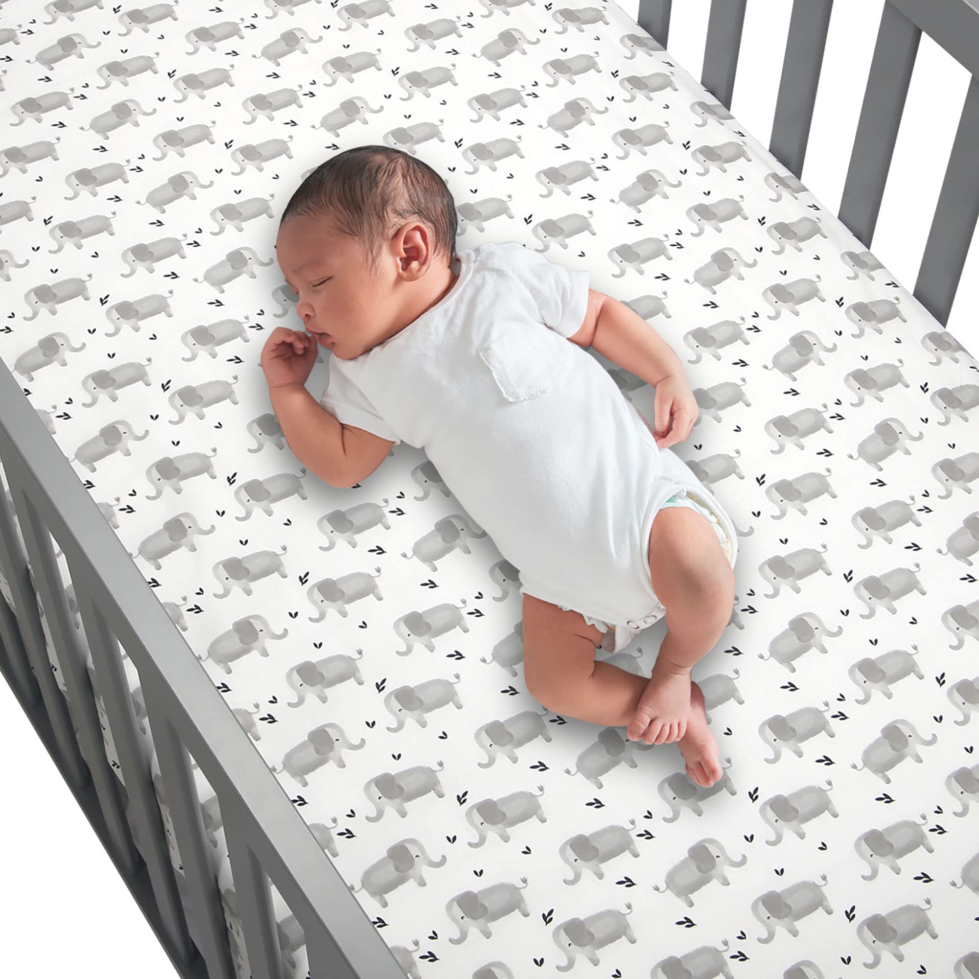Lambs & Ivy Signature Gray Elephant Breathable Organic Cotton Fitted Crib Sheet