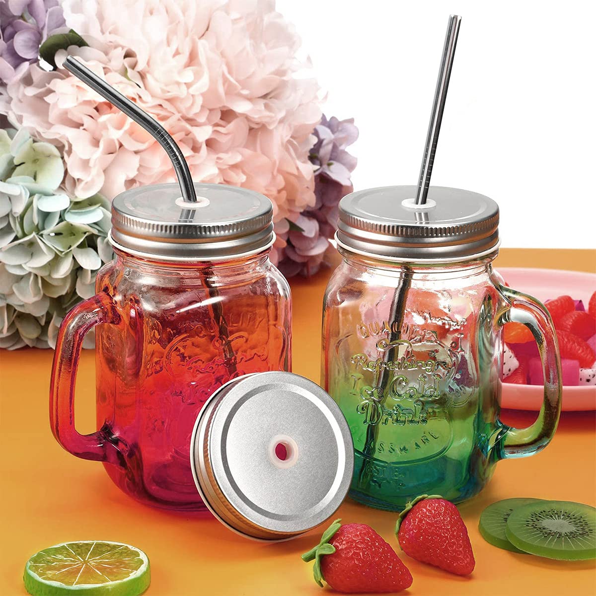 26 PCS Regular Mouth Mason Jar Lids with Straw Hole - 70MM Canning Lids Drinking Jar Lids Tinplate Jar Lids Silver Canning Jar Caps with Silicone Ring/Straws/Cleaning Brush for Drinking Food Storage