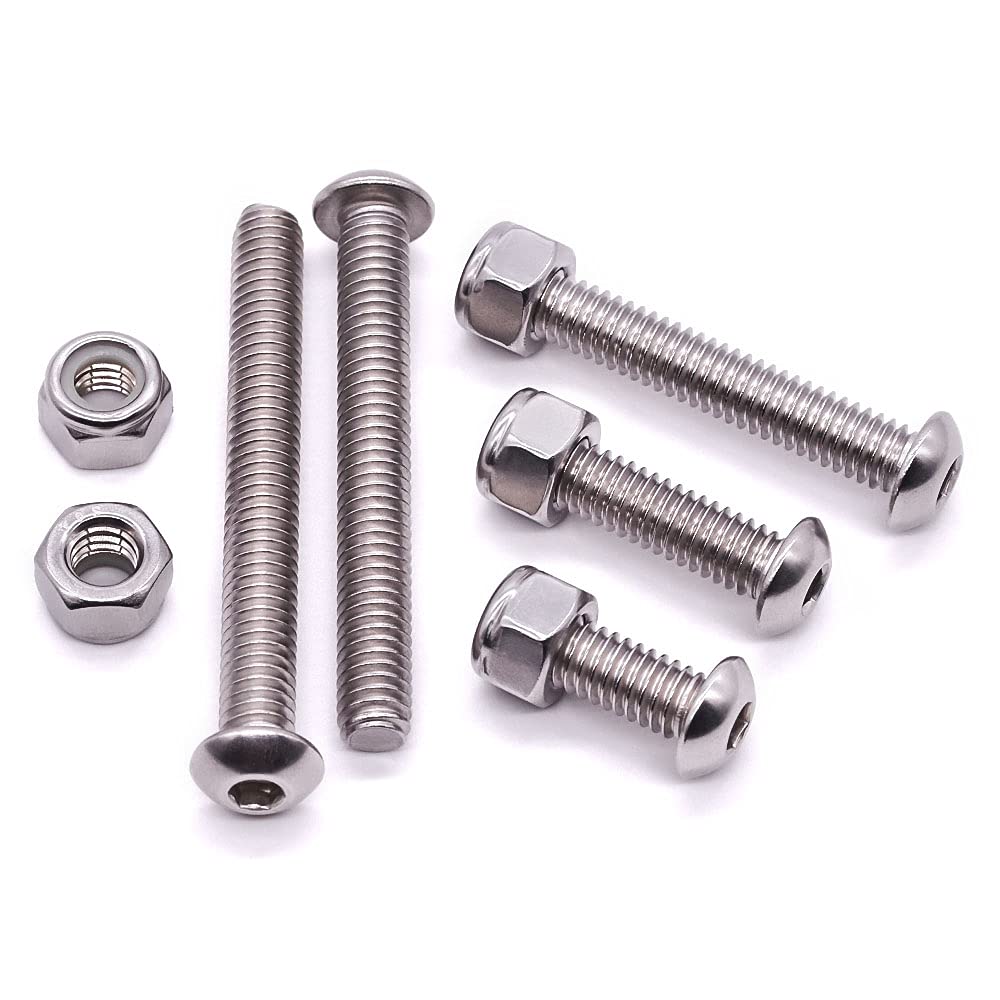 3/8-16 x 3 (10 Sets) Stainless Steel Button Head Socket Cap Screws with Hex Locknuts with Nylon Insert, Stainless Steel 304 (18-8), Full Thread, Allen Hex Drive