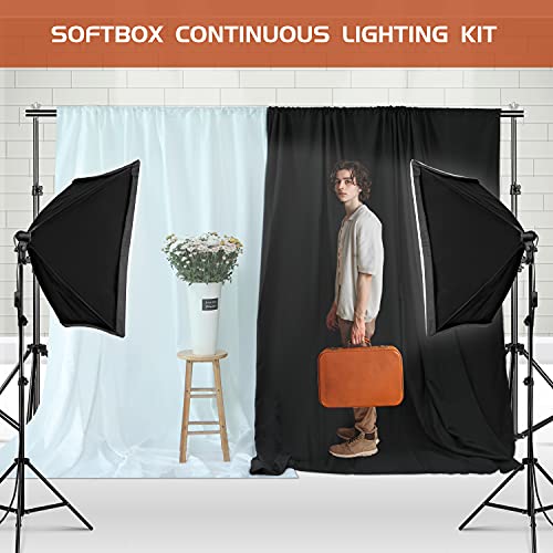 Walk Fly 7x10FT Muslin Backdrop Screen Kit, Photography Continuous Lighting and Collapsible Backdrop Stand Set, Background Support System with 20" x 27" Softbox Light for Photo Video Studio Shooting