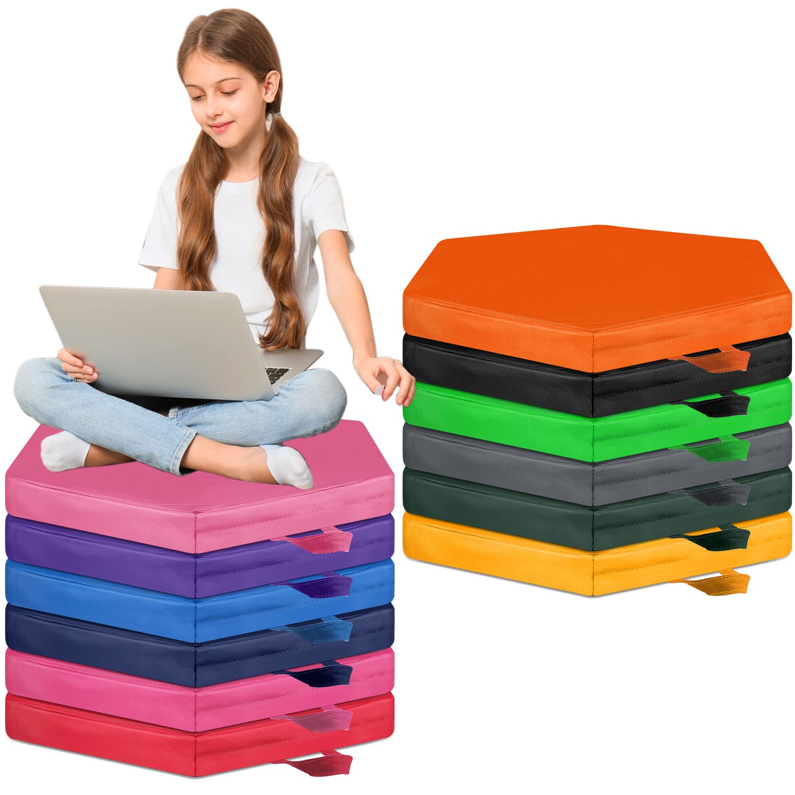 12 Pcs Floor Cushions Bulk for Classroom 15 Inch Colored Flexible Seating with Handle Soft Foam Floor Pillow Kids Floor Seats Cushion for Kids Adults Daycare School Home Office Chair (Hexagon)