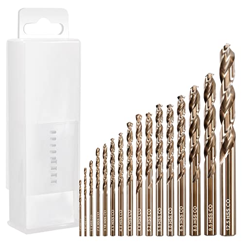 16PCS Impact Drill Bit Set for Metal, Cobalt Drill Bits High Speed Oxide Twist Jobber Drill Bit Set for Hardness Alloy Steel Wood Aluminum Cast Iron 1/16"-1/2"