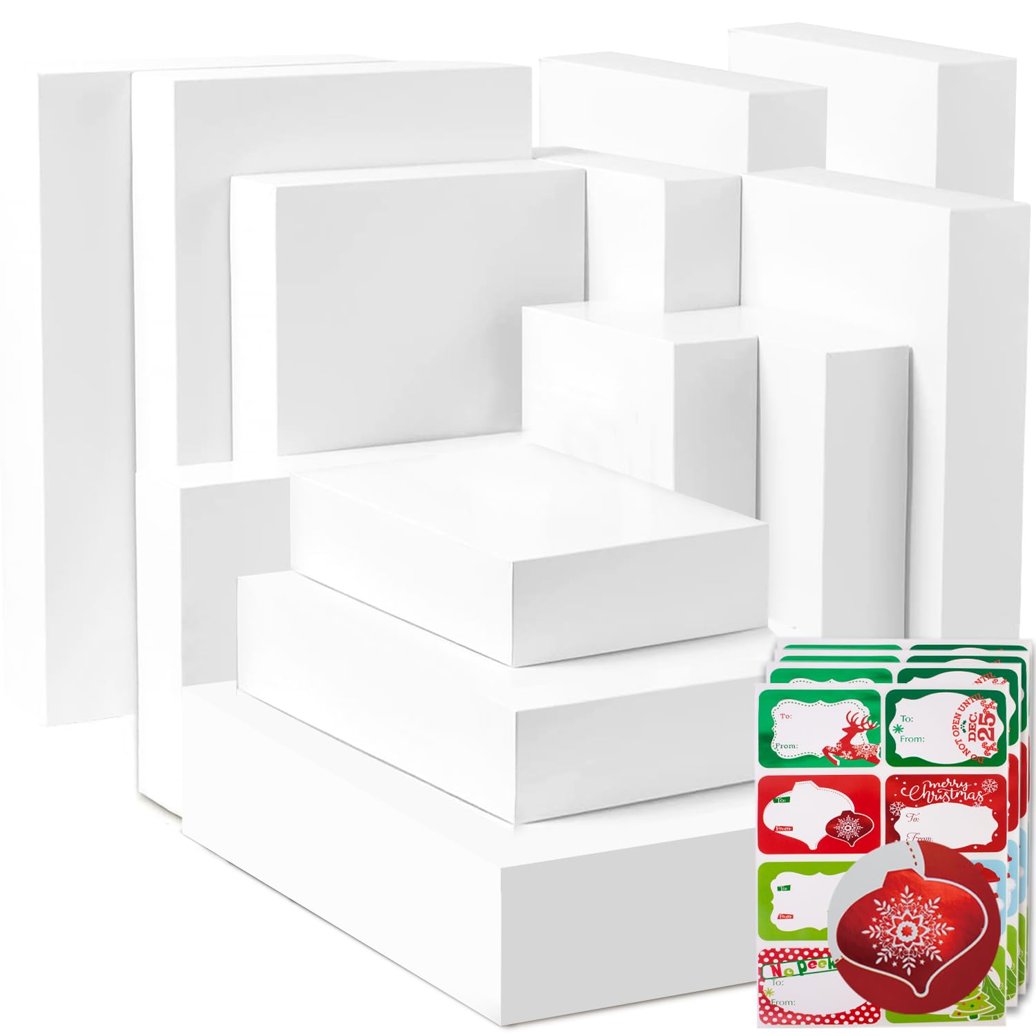 12 White Gift Wrap Boxes with Lids for wrapping Large Clothes and 80 Count Foil Christmas Tag Stickers (Assorted size for wrapping Robes, Sweater, Coat, Shirts and Clothes xmas Holiday Present)