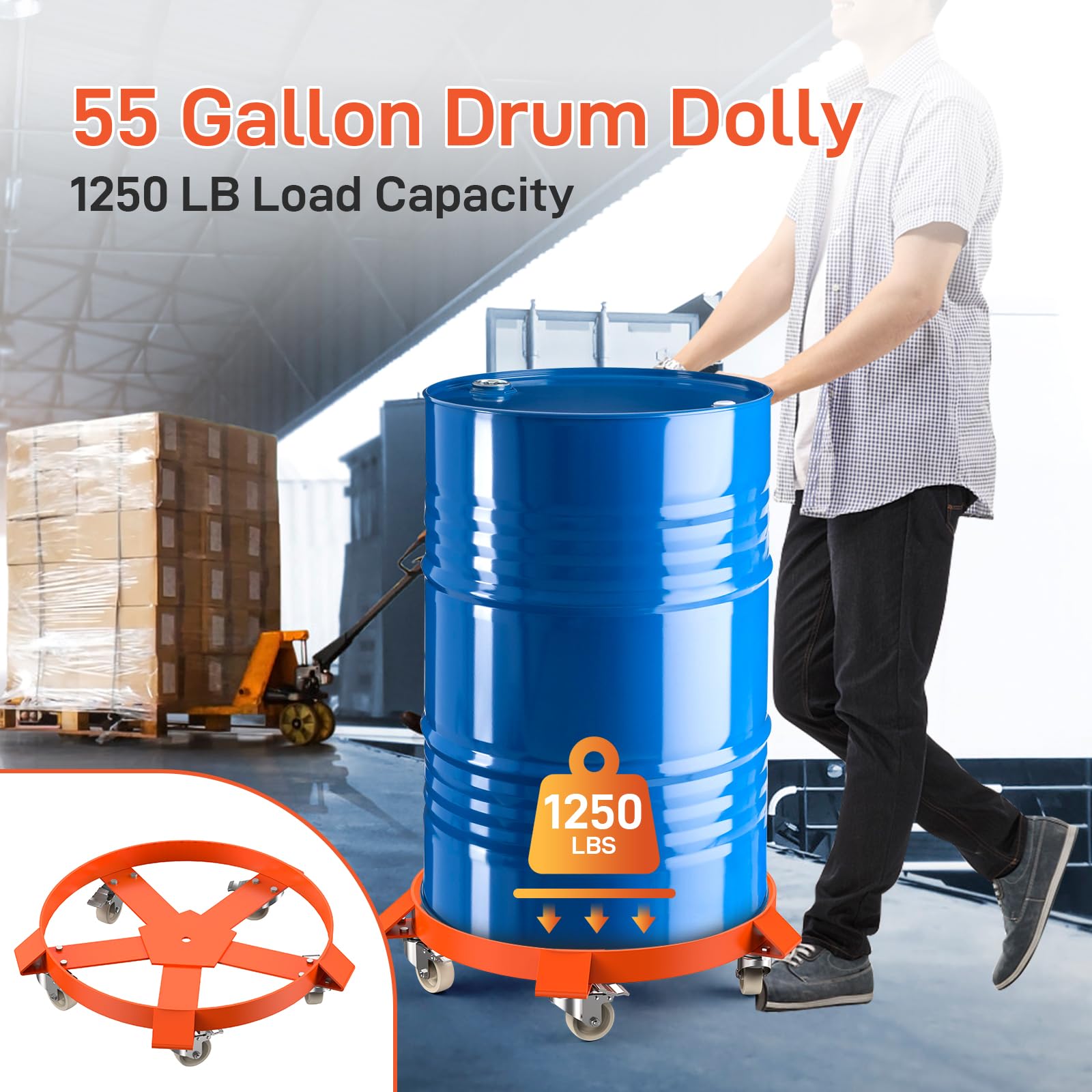 1250 LBS Capacity Drum Dolly, 55 Gallon Barrel Dolly with 5 Caster Wheels, Trash Can Dolly Non-Tipping Hand, Orange Steel Frame Dolly