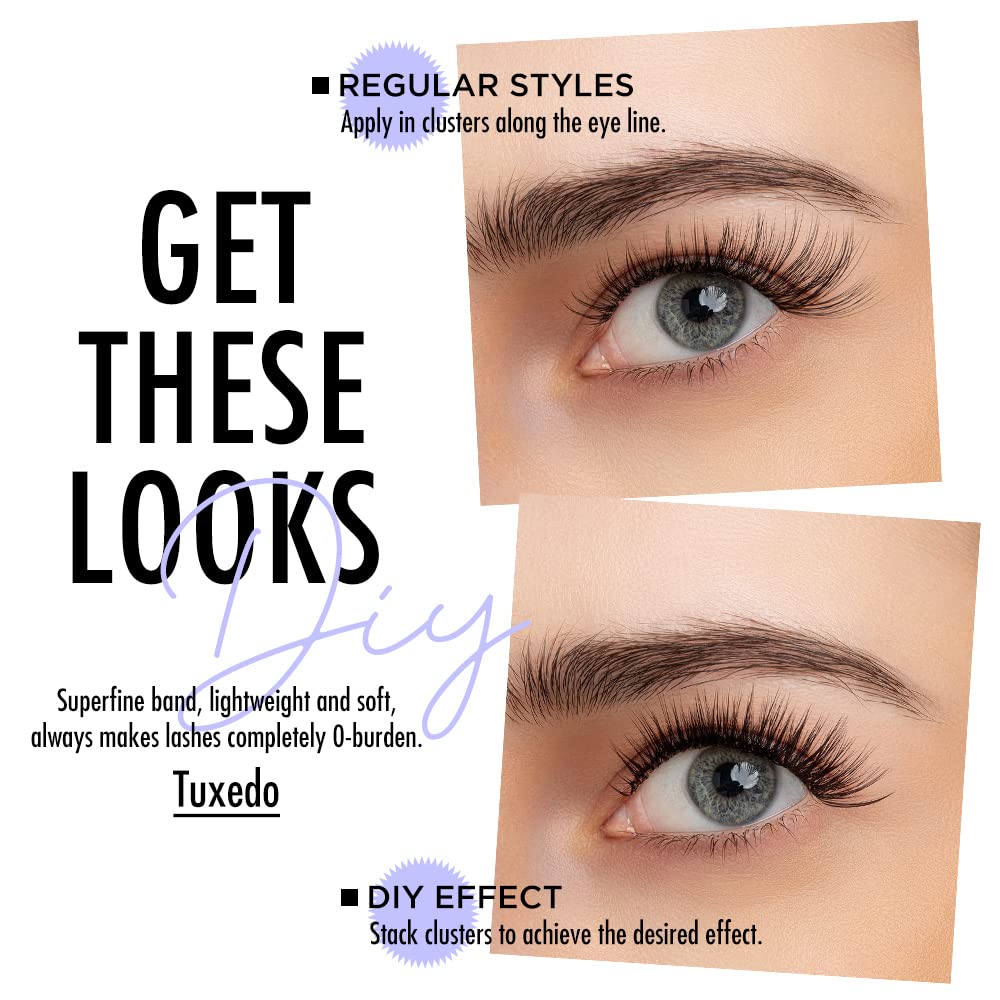 BEYELIAN Cluster Lashes, DIY Eyelash Extension Individual False Eyelashes Extension Natural Look Reusable Glue Bonded Super Thin Clear Band 24 Lash Clusters (Style4 0.07 Mix Clear Band)
