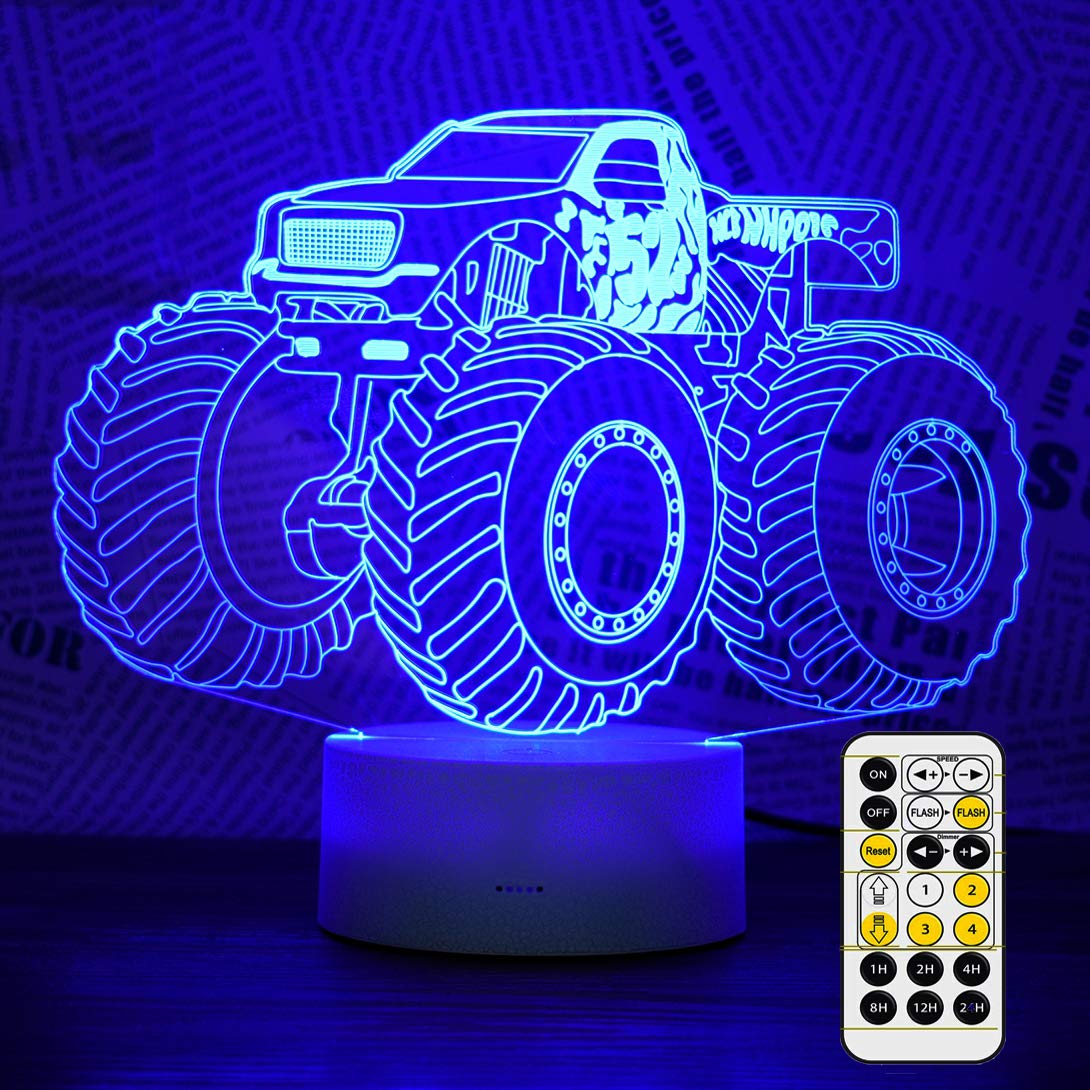 Night Lights for Kids Monster Truck 3D Night Light Bedside Lamp 7 Colors Changing with Remote Control and Timing Function Best Birthday Gifts for Boys Girls Kids Baby