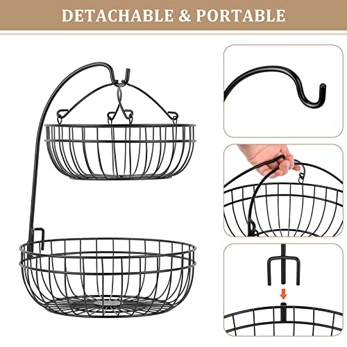 2- Tier Fruit Basket for Kitchen Counter, Homewill Fruit Basket with Banana Hanger, Hanging Wire Fruit Vegetable Basket Bowls Storage for Countertop