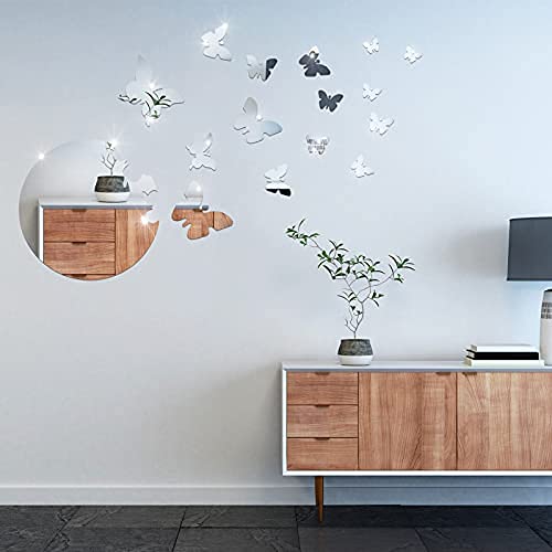 17 Pieces 3D Acrylic Mirror Wall Decor Stickers Removable Butterfly Mirror Wall Stickers DIY Mirror Butterfly Mural Stickers Butterfly Wall Stickers Decals for Home Living Room Bedroom (Silver)