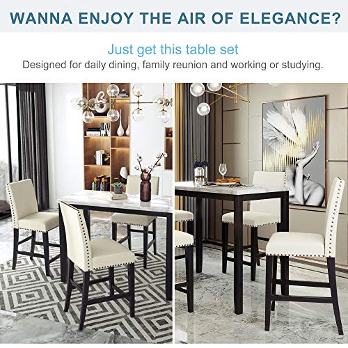 Merax 5-Piece Dining Table Set Wooden Dining Set with Faux MarbleTable and 4 Upholstered Chairs, Counter Height Furniture Dinette Set for Home Kitchen