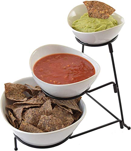 3 Tier Oval Chip and Dip Bowl Set Party Food Server Display Set Tiered Snack Server with Metal Rack