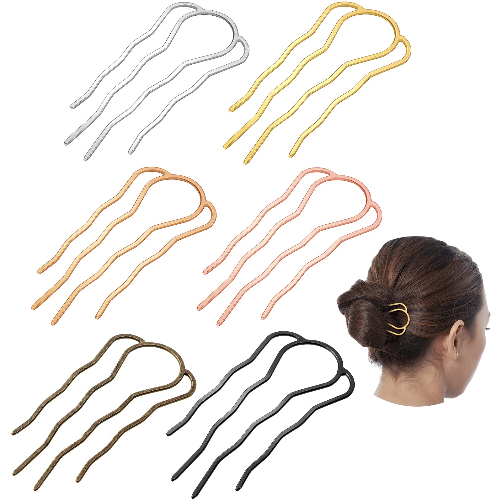 6 Pieces Hair Fork Clip Stick 87 mm Side Comb 4 Prong Updo Bun Hairpin Sticks Alloy Hair Clips Grips for Women Styling Tool Accessories(Assorted Color)