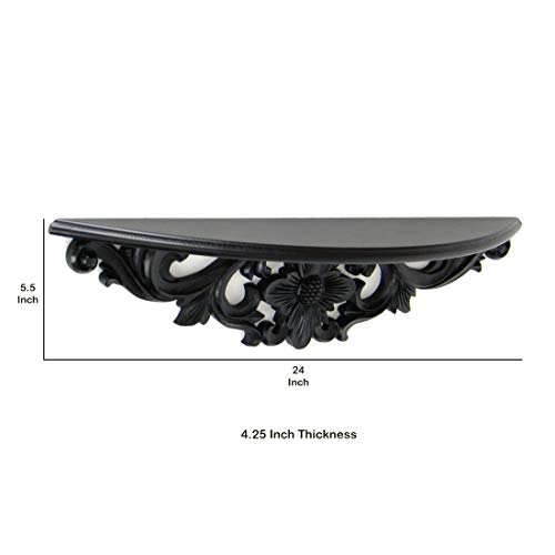 Benjara Hand Carved Wooden Moonbay Wall Shelf in Floral Design, Black
