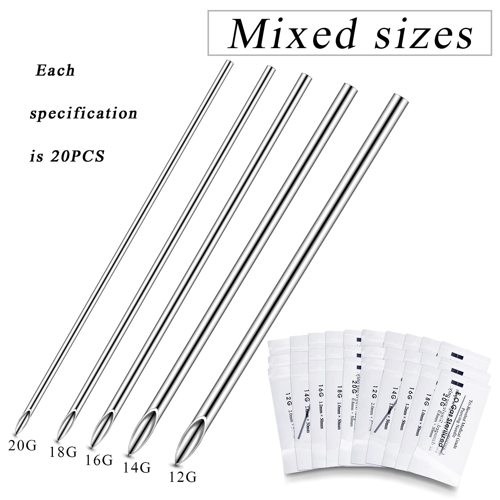 Honoson 100 Pcs Ear Nose Body Piercing Needles Mix Size 12G 14G 16G 18G 20G Stainless Steel Piercing Jewelry Kit and 1 Pcs Slotted Locking Pennington Forceps for Kit Supplies