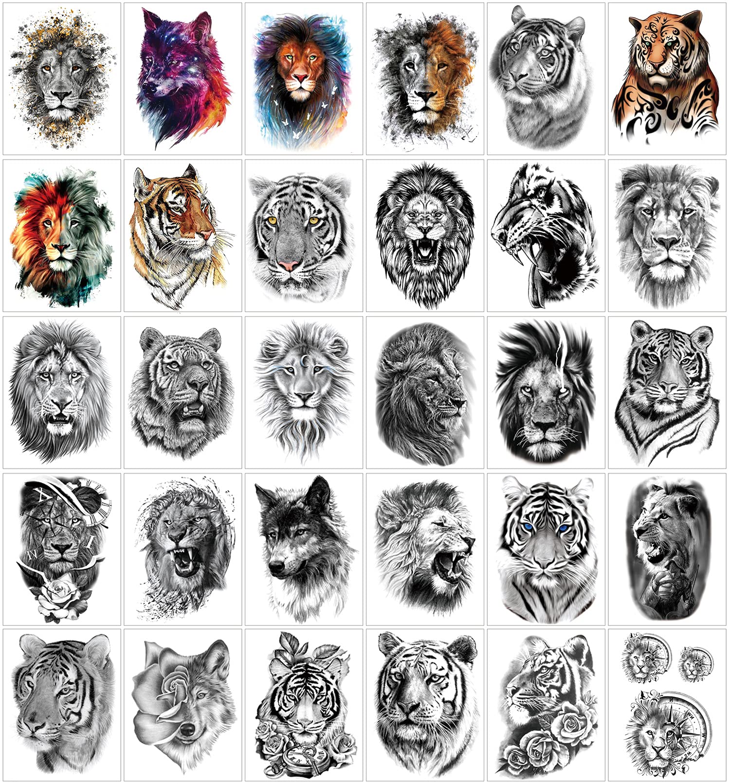 30Pcs Lion Wolf Tiger Animal Half Arm Sleeve Temporary Tattoo Sticker For Men(8.3x5.9 inch)
