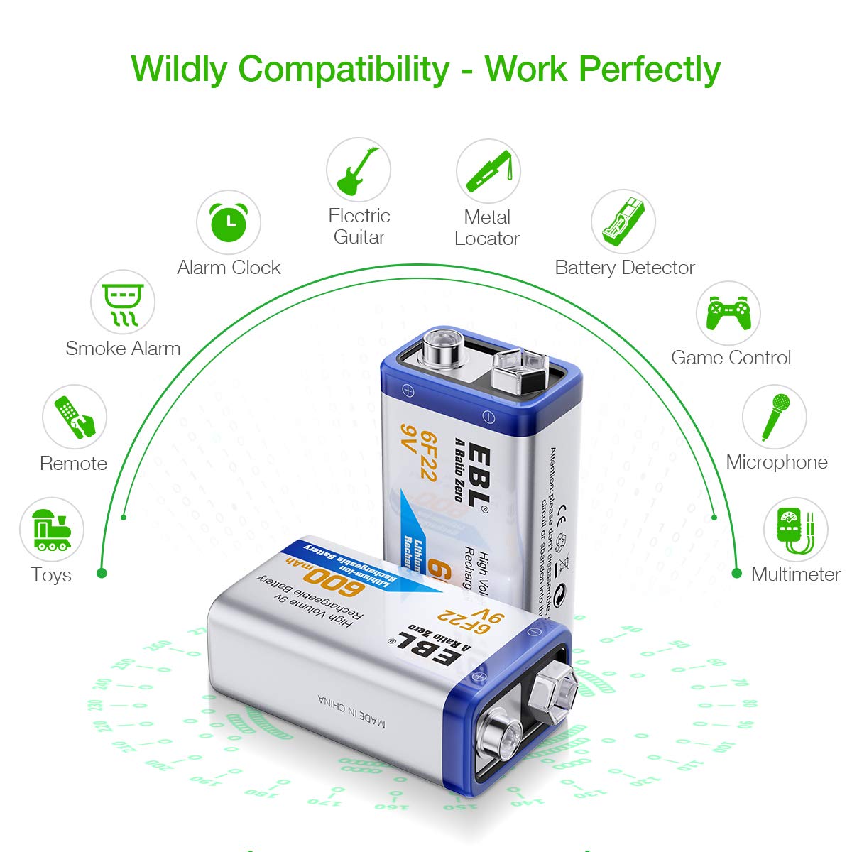 EBL 9 Volt Batteries 600mAh Li-ion Rechargeable 9V Battery Lithium-ion, 6 Packs