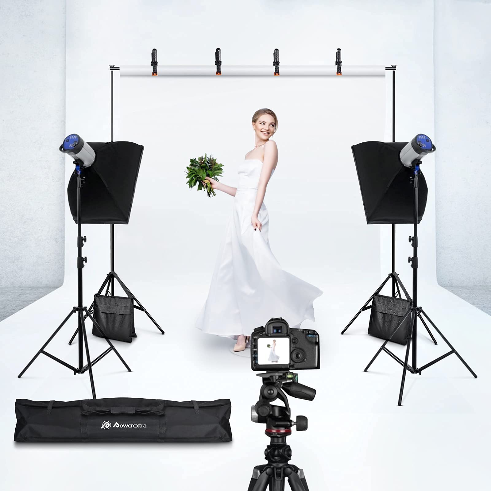 Photo Backdrop Stand, Photography Backdrop Stand, 10Ft Adjustable Background Stand Kit for Studio, Parties, Wedding, with 4 Crossbars, 4 Backdrop Clamps, 2 Sandbags, and Carrying Bag