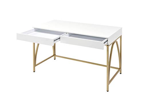 Acme Furniture Lightmane Desk, White High Gloss & Gold