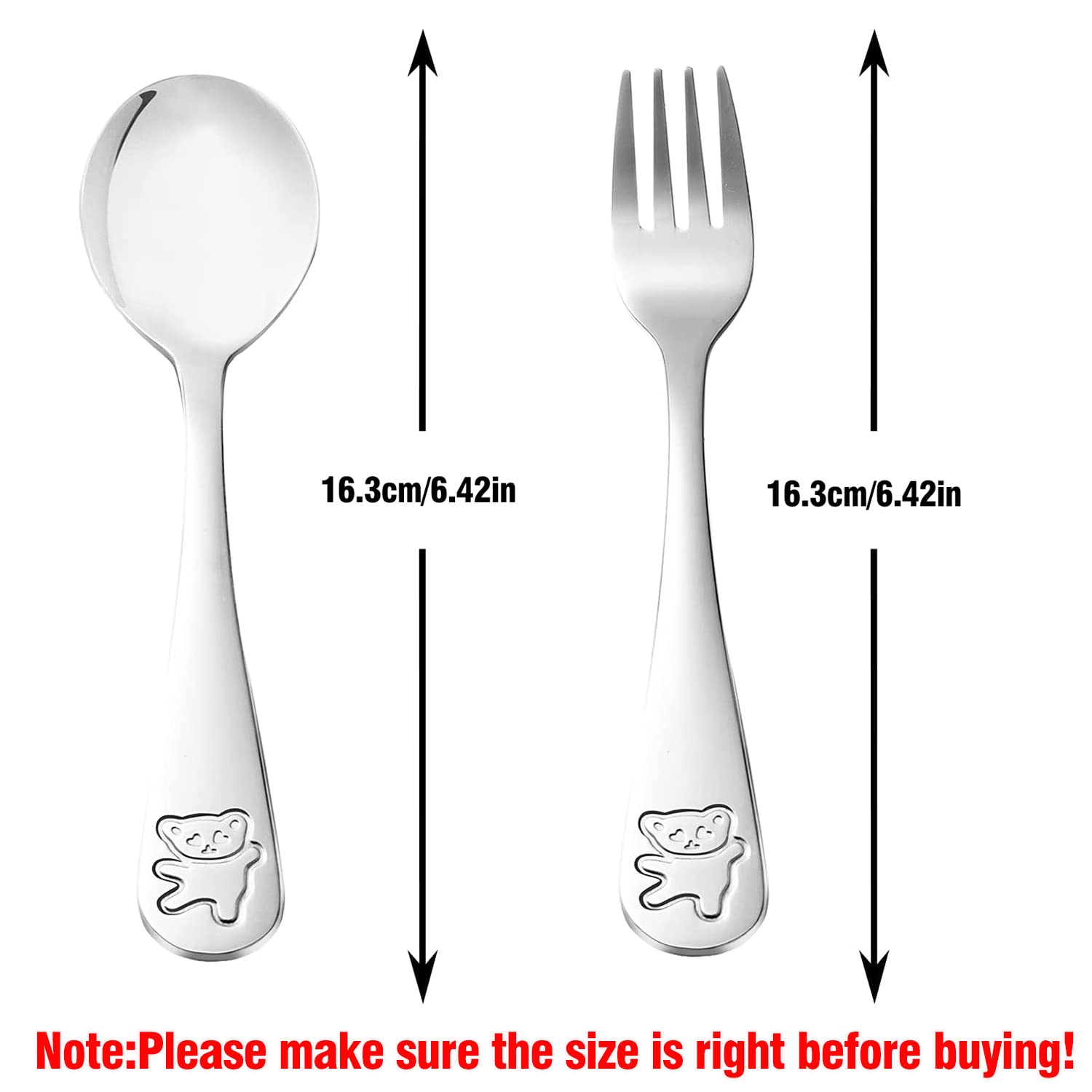 6 Pieces Stainless Steel Kids Flatware, Mirror Polished Child Toddler Silverware Little Bear Spoon and Fork Set, 3 x Safe Forks,3 x Children Tablespoons for Lunch Box