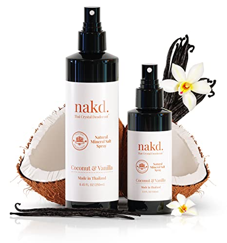 nakd. Thai Crystal Deodorant Spray – 2 Salt Deodorant Crystal Sprays, 8.45 FL oz. Regular + 3.3 FL oz. Travel Size – Natural and Aluminum Free Deodorant for Women, Men, and Kids - Coconut & Vanilla