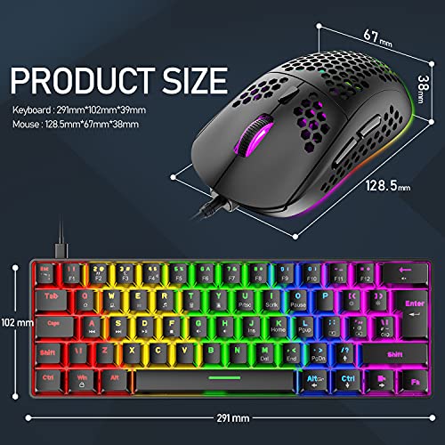 60% Mechanical Gaming Keyboard, Blue Switches, Rainbow LED Backlight Compact Wired Keyboard, TKL Wired Keyboard, Programmable Macro, RGB Mouse 6400 DPI , for PC Gamers and Office Typists (Black)