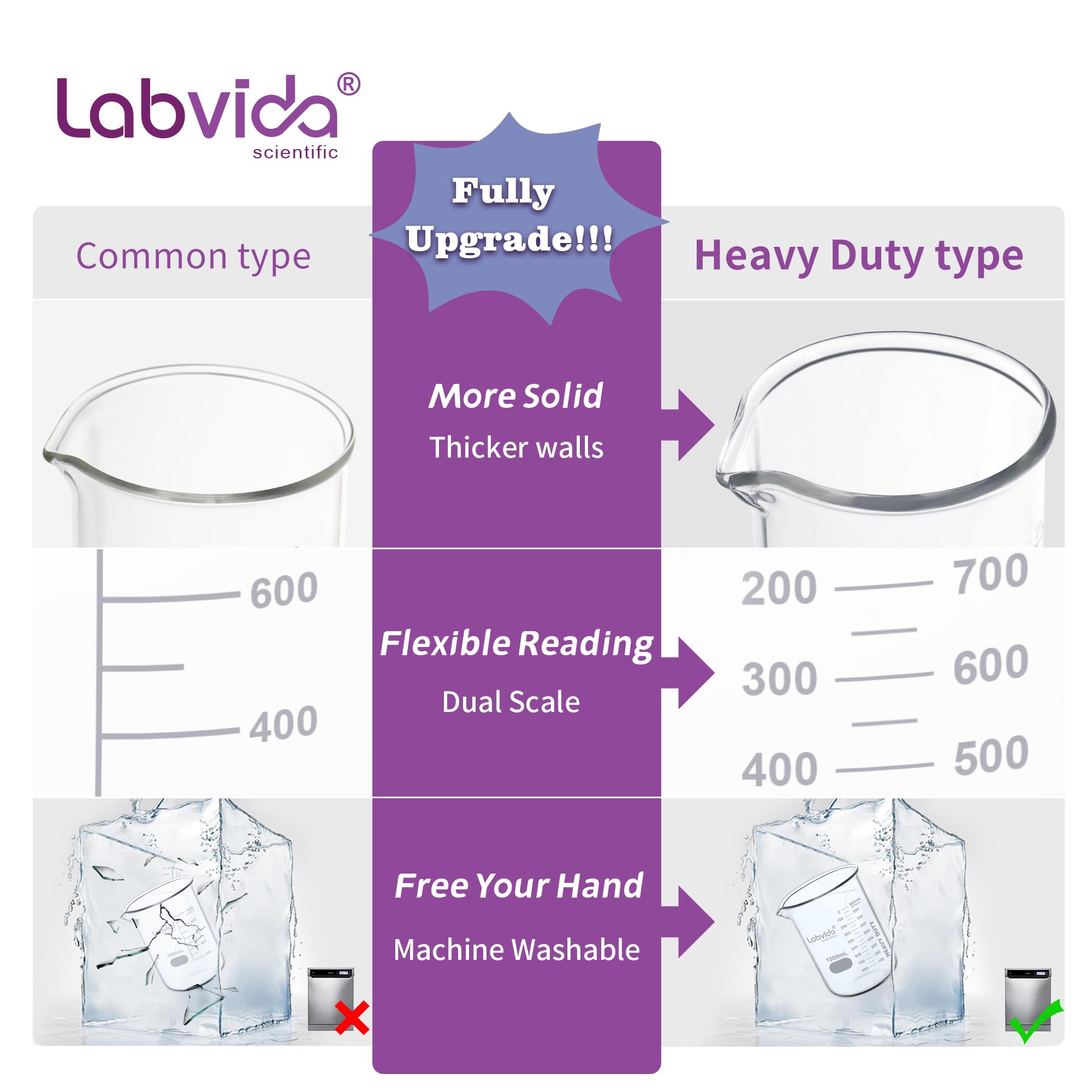 Labvida 6pcs 600ml Upgrated Thick Glass Beakers, Griffin Low Form Beaker Set with Double Scale, 3.3 Boro, LVA030