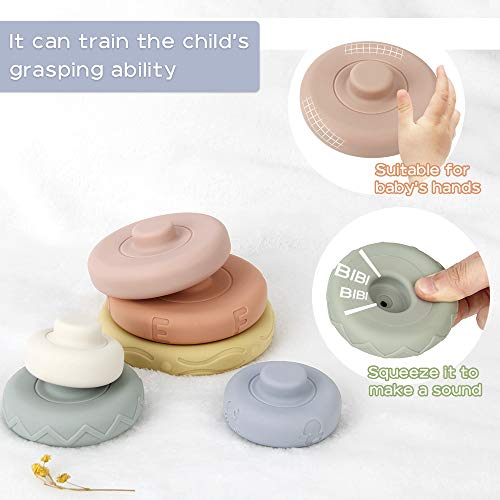 BOBXIN Stacking & Nesting Rings Toy, Soft Circle Stacker, 6 pcs Building Stacker,Teethers for Baby, Squeeze Play with Letter, Animal and Graphic, Toddler Learning Toys for 6 Month Old Boys Girls