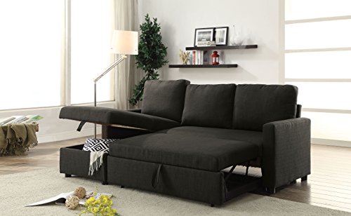 ACME FURNITURE Hiltons Charcoal Linen Sectional Sofa with Sleeper and Storage
