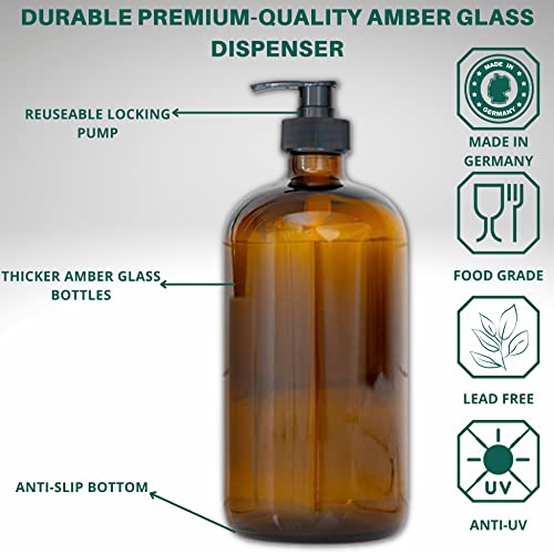 32oz Amber Glass Soap Dispenser- Large Amber Round Bottles with Black Pumps β Apothecary Soap Dispensers is Refillable & Reusable for Bath/Kitchen Accessories - Pack of 4