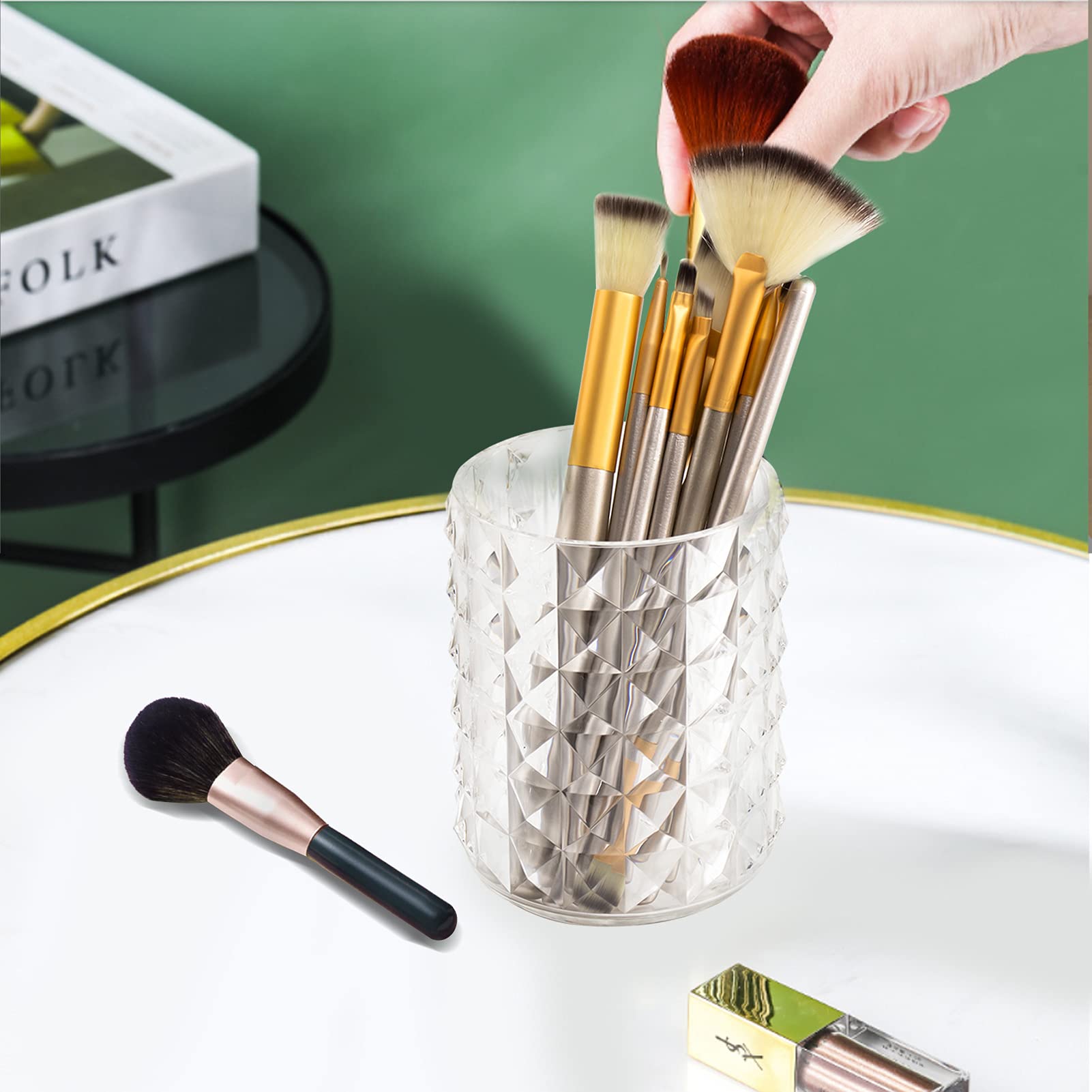 Funtygy Acrylic Makeup Brush Holder Organizer, Clear Pencil Pen Holder, Crystal Cosmetics Brushes Cup Storage Solution, Round