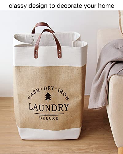 AMZTOP Linen Clothes Hamper Patchwork Collapsible Laundry Basket with Leather Handles for Storage Toys and Clothing in Bedroom, Bathroom Foldable Laundry Hamper 68L