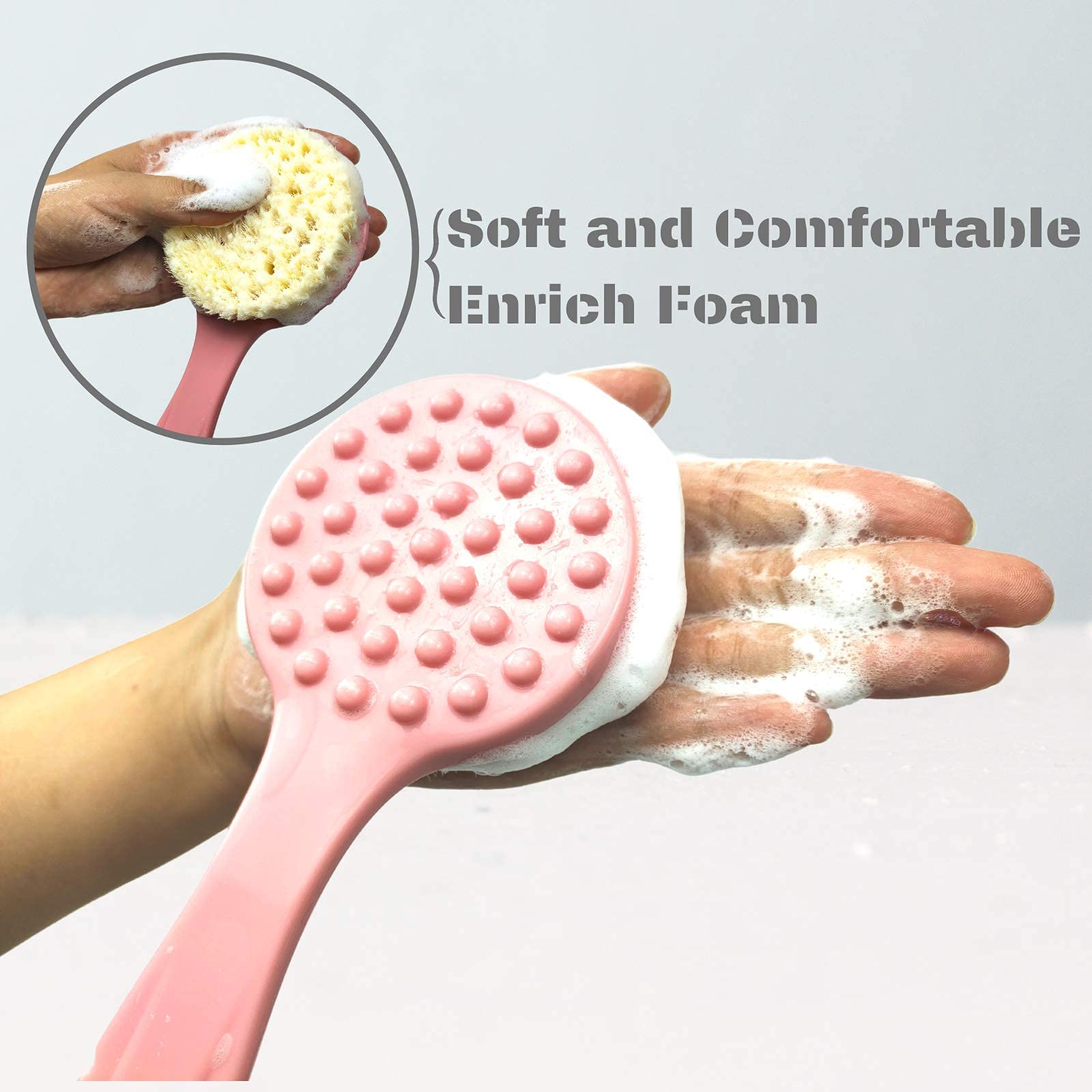 2Pack Back Shower Bath Brush for Elderly Body Cleaning Long Handle for Mens Shower Back Scrubber for Women Exfoliation Soft Bristles Skin Exfoliating Shower Body Foot Brush Pink Gray