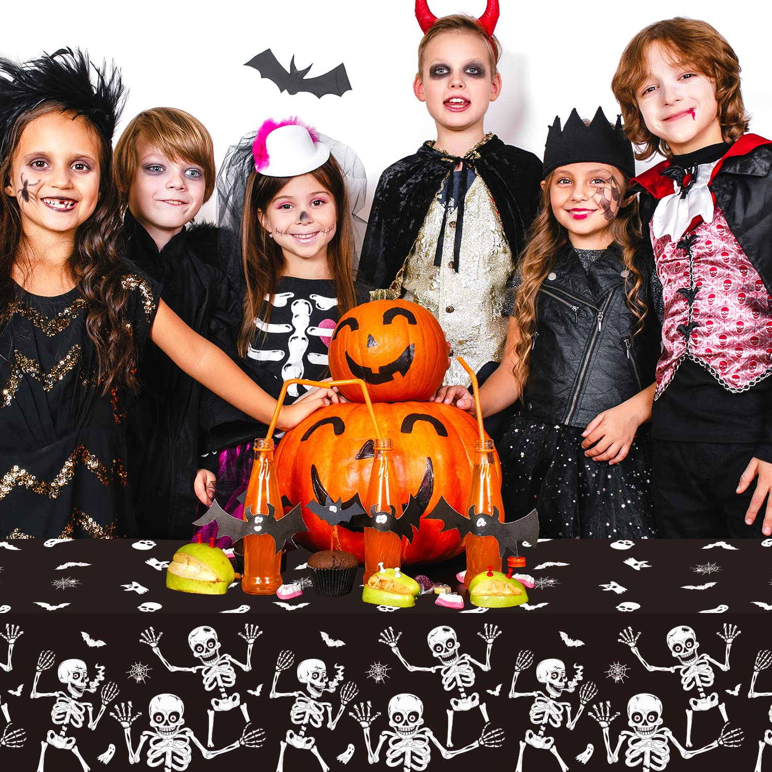 3 Pack Halloween Skeleton Tablecloth, Halloween Tablecloth Party Decorations, Plastic Skull Tablecover Backdrop Background Banner for Halloween Haunted House Party Decoration and Supplies, 54 x108Inch
