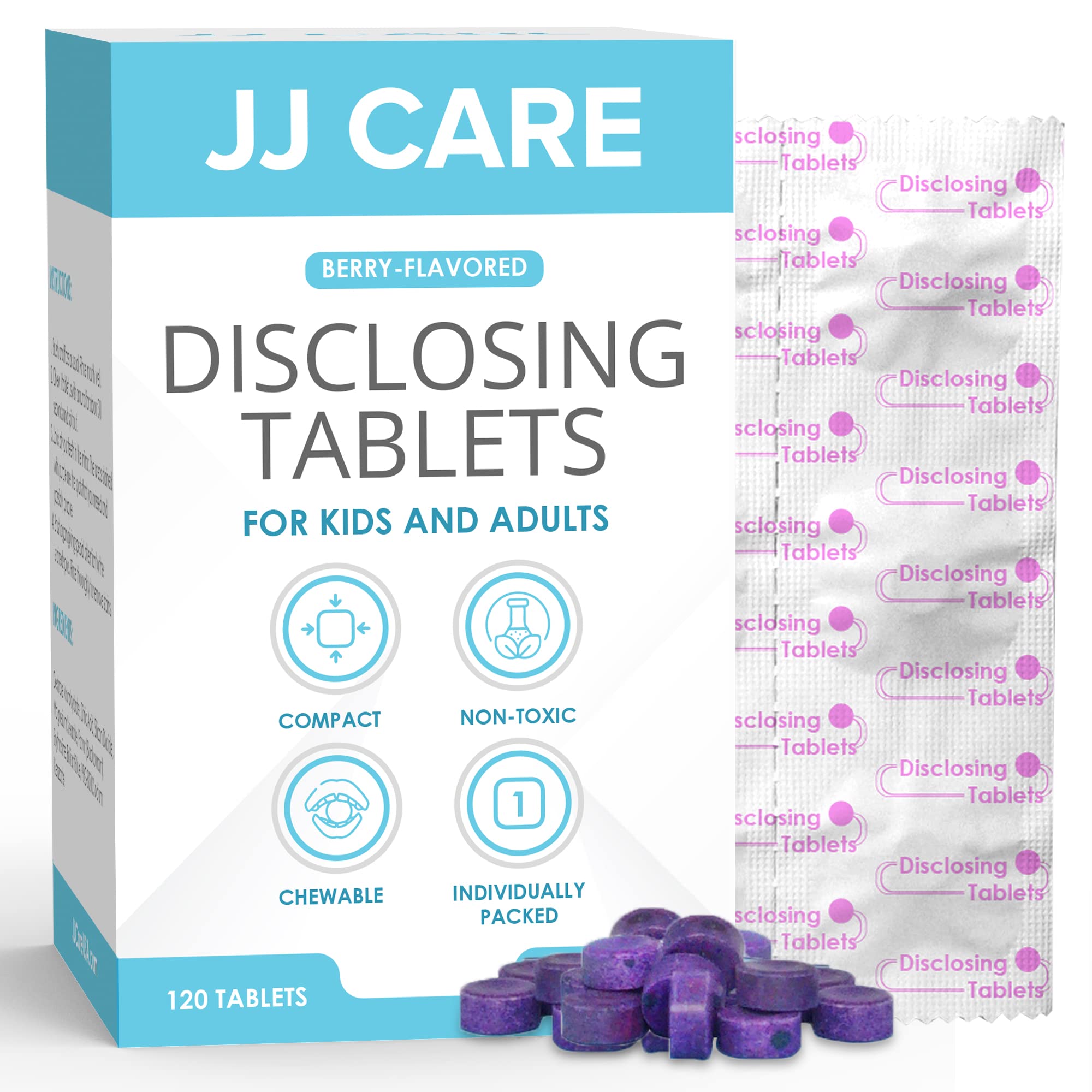 JJ Care Disclosing Tablets - 120 Count of Teeth Coloring Plaque Disclosing Tablets, Berry Flavored Dental Disclosing Tablets for Kids and Adults, Individually Wrapped Plaque Tablets