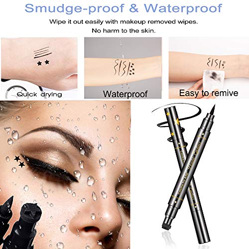 6 Styles/Set Pen Eyeliner Stamp Wing Liner, Waterproof, Double Sided & Long Lasting Eye Pencil, (Heart/Moon/Star/Flowers) Shape Stamp Pen, Super Slim Gel Felt Tip High Black Pigment (6PCS)