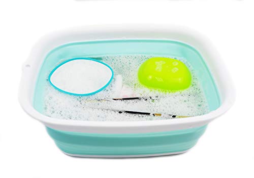 SAMMART 9.45L (2.5 Gallon) Collapsible Tub - Foldable Dish Tub - Portable Washing Basin - Space Saving Plastic Washtub (White/Lake Green, M)