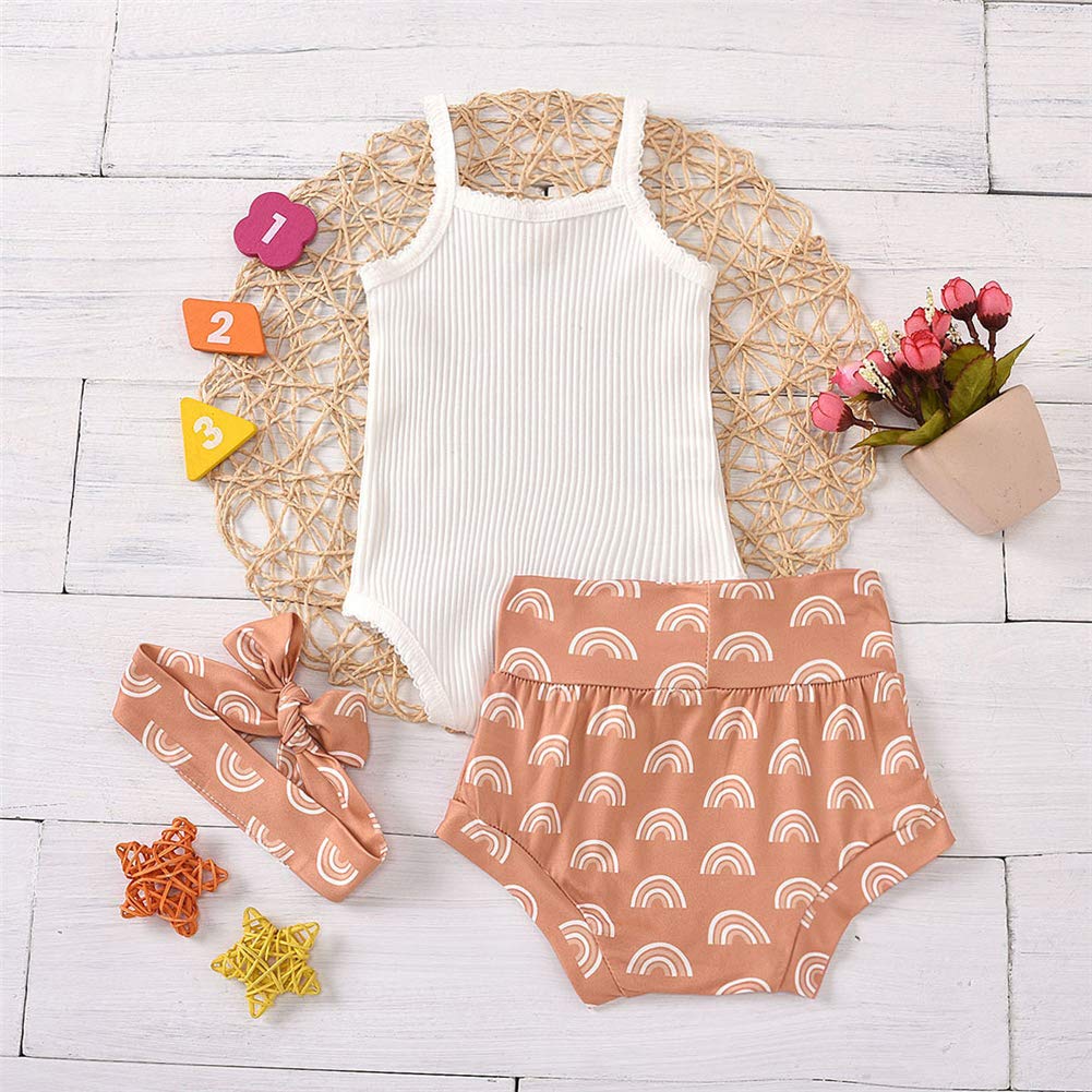 Easisim 3pcs Newborn Infant Baby Girls Shorts Set Cotton Sleeveless Romper Bodysuit Shorts Headband Outfit Set (White rainbow, 0-3 Months)