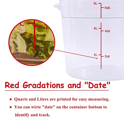 Casipan 6 QT. Clear Round Storage Box Container with Red Gradations Plastic Space Saving For Home or Commercial Kitchen use, Food Prep and Storage, 1 Piece (6QT)