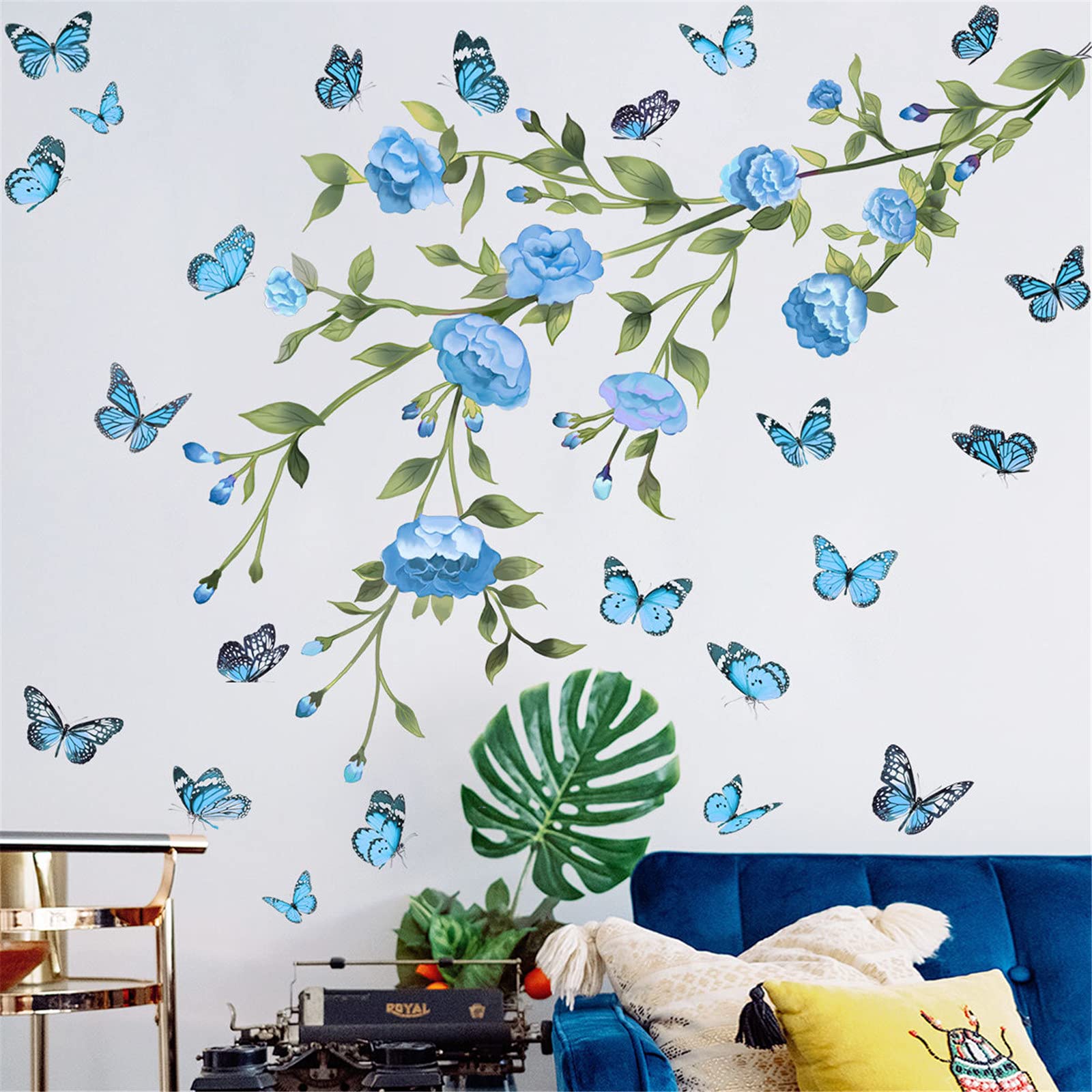 Ellis Kas Branch Blue Flower Wall Sticker Butterfly Wall Sticker Butterfly Removable Vinyl Home Stickers Murals Art Decor for Living Room Nursery Room Bedroom Office Bathroom
