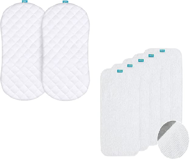 5 Count Changing Pad Liner, Waterproof Larger Changing Pad Cover 28" X 15", Cotton Terry (Solid Improved Thickness) / Bassinet Mattress Pad Cover, Waterproof, 2 Pack, Ultra Soft Bamboo Sleep Surface