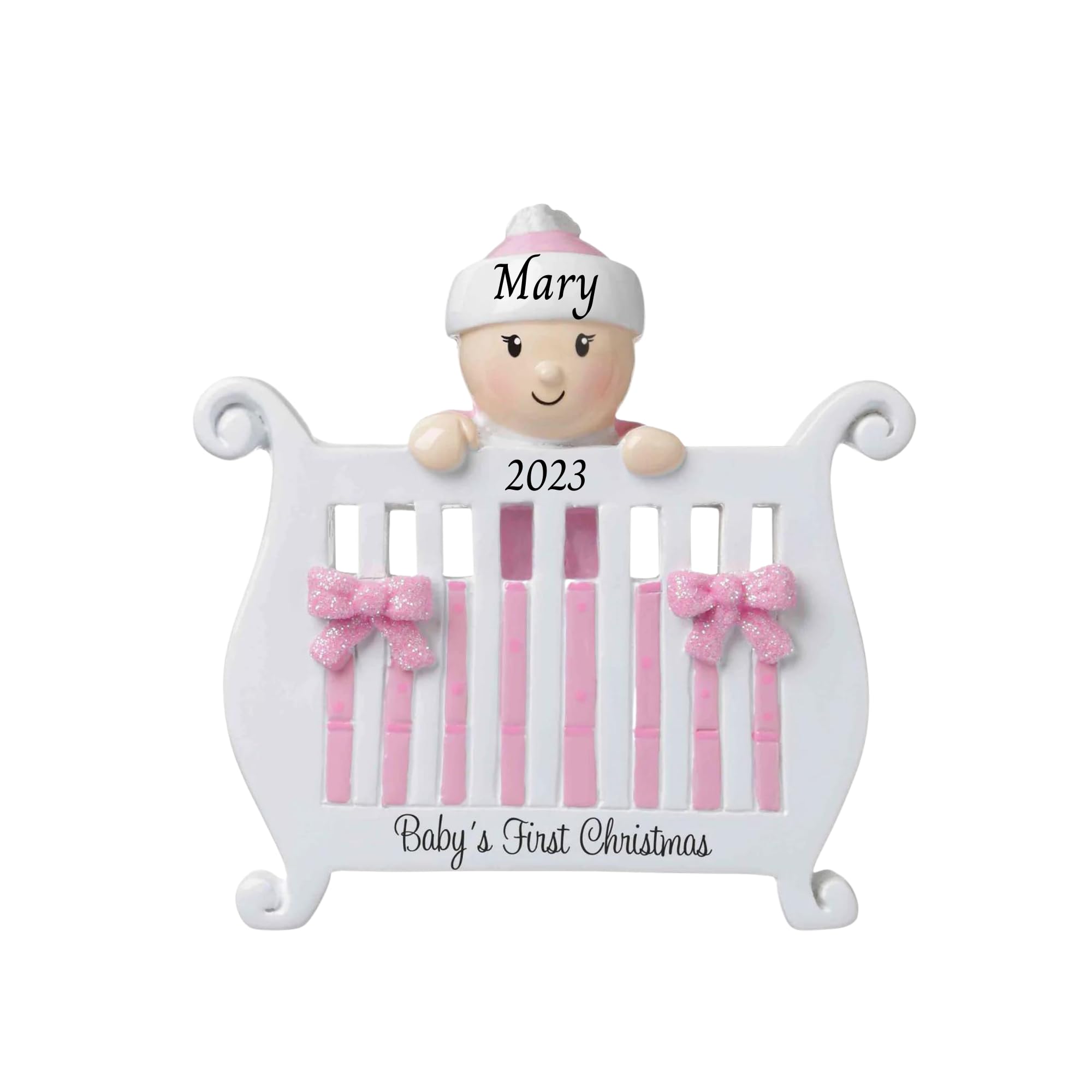2024 Personalized Baby's First Christmas Tree Ornament - Baby Girl in Crib Customized Pink Baby Christmas Ornament - Keepsake for New Born Baby Shower-Free Customization