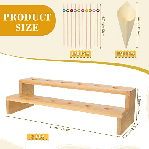 150 Disposable Wooden Cones with 2 Pack 12 Holes Ice Cream Cone Display Stand Charcuterie Cones Holder Stand 150 Fancy Toothpicks for Appetizers Wedding Decoration(Brown)
