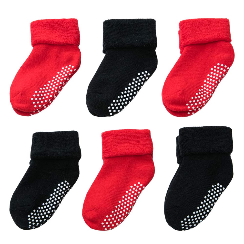 Positif Grip Thick Warm Socks- 6 Pairs Baby Toddler Infant Kids boys Girls Anti Skid/Non Slip (3 Red 3 Black, 1-3Years)