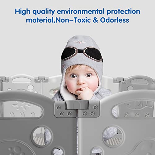 Albott Baby Playpen, Upgraded 18 Panels Foldable Baby Fence with Game Panel and Safety Gate, Adjustable Shape, Portable Baby Play Yards for Children Toddlers Indoors or Outdoors (Grey+White, 18 Panel)