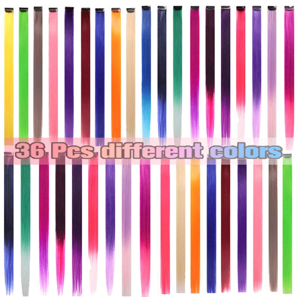 36 PCS Colored Clip in Hair Extensions 22 Inch Colored Hair Extensions for kids Rainbow Hair Extensions Multi-Colors Party Highlights Synthetic Hairpieces Halloween Cosplay Christmas Gift (36 colors)
