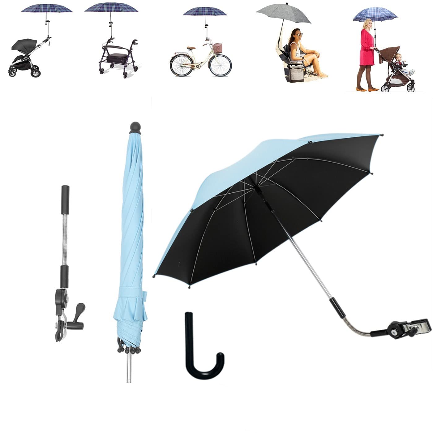 Upwsma Portable folding sun umbrella, beach umbrella with universal clamp, SPF 50+ adjustable umbrella for strollers, beach chairs, wheelchairs (Large- Blue)