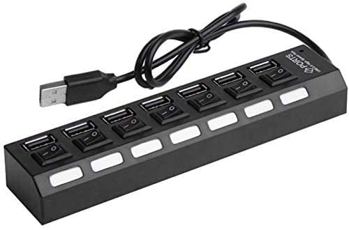 7-Port USB 2.0 Hub High Speed Power Cable with Blue LED Light Indicator ON/Off Sharing Switch Adapter for PC Laptop (Black)