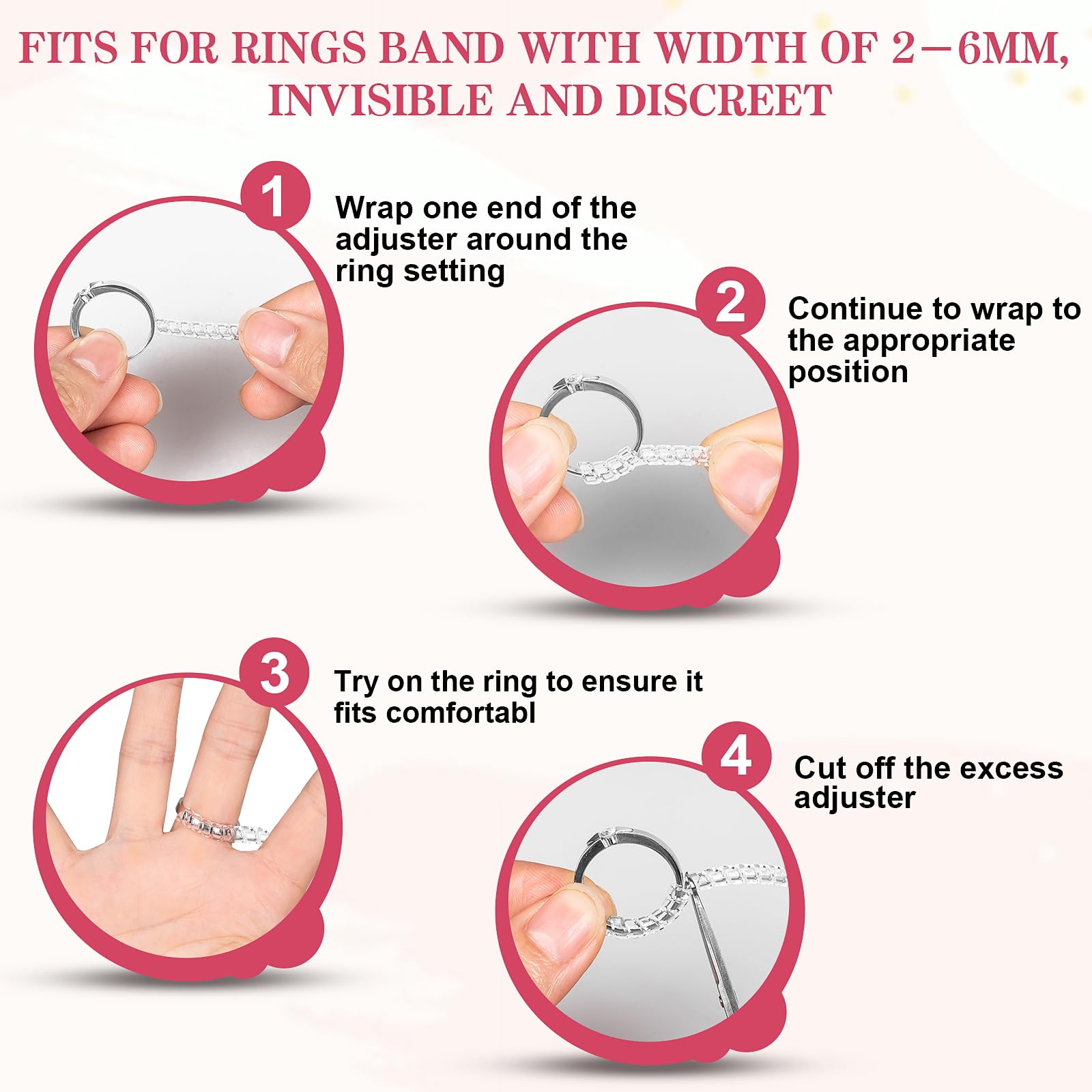 12 Pack Ring Sizers for Loose Rings - 4 Sizes Clear Silicone Ring Size Adjuster, Invisible Ring Guard, Spiral Resizer, and Tightener Spacer, Non-Slip Fit, Adjustable and Comfortable, for Women and Men