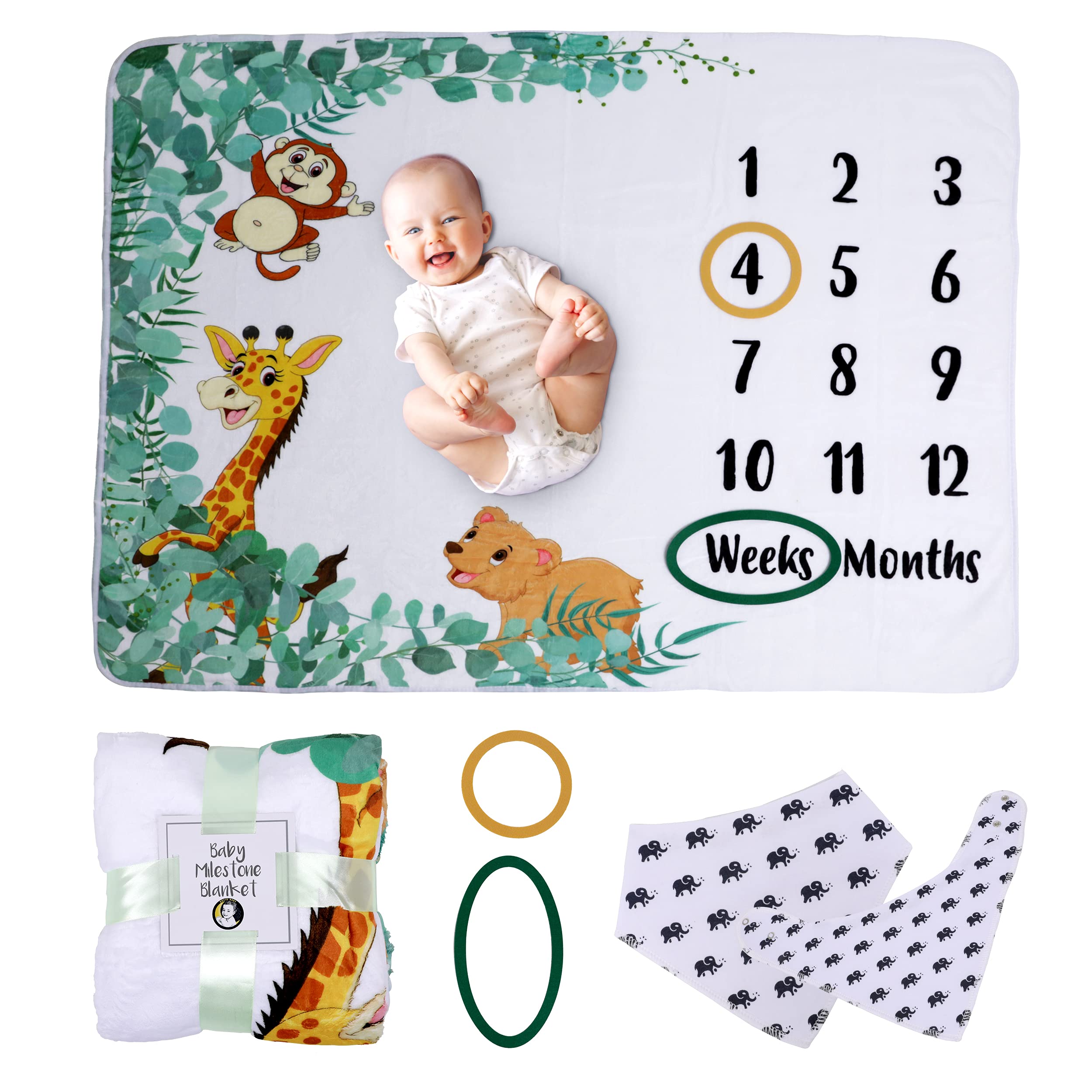 90210 Baby Milestone Blanket – 50x40-inch Milestone Blanket with Bib & Frames – Soft Fleece Baby Milestone Photo Blanket – Gender Neutral Baby Grow Chart Blanket for Nursery Décor Baby Shower (Jungle)