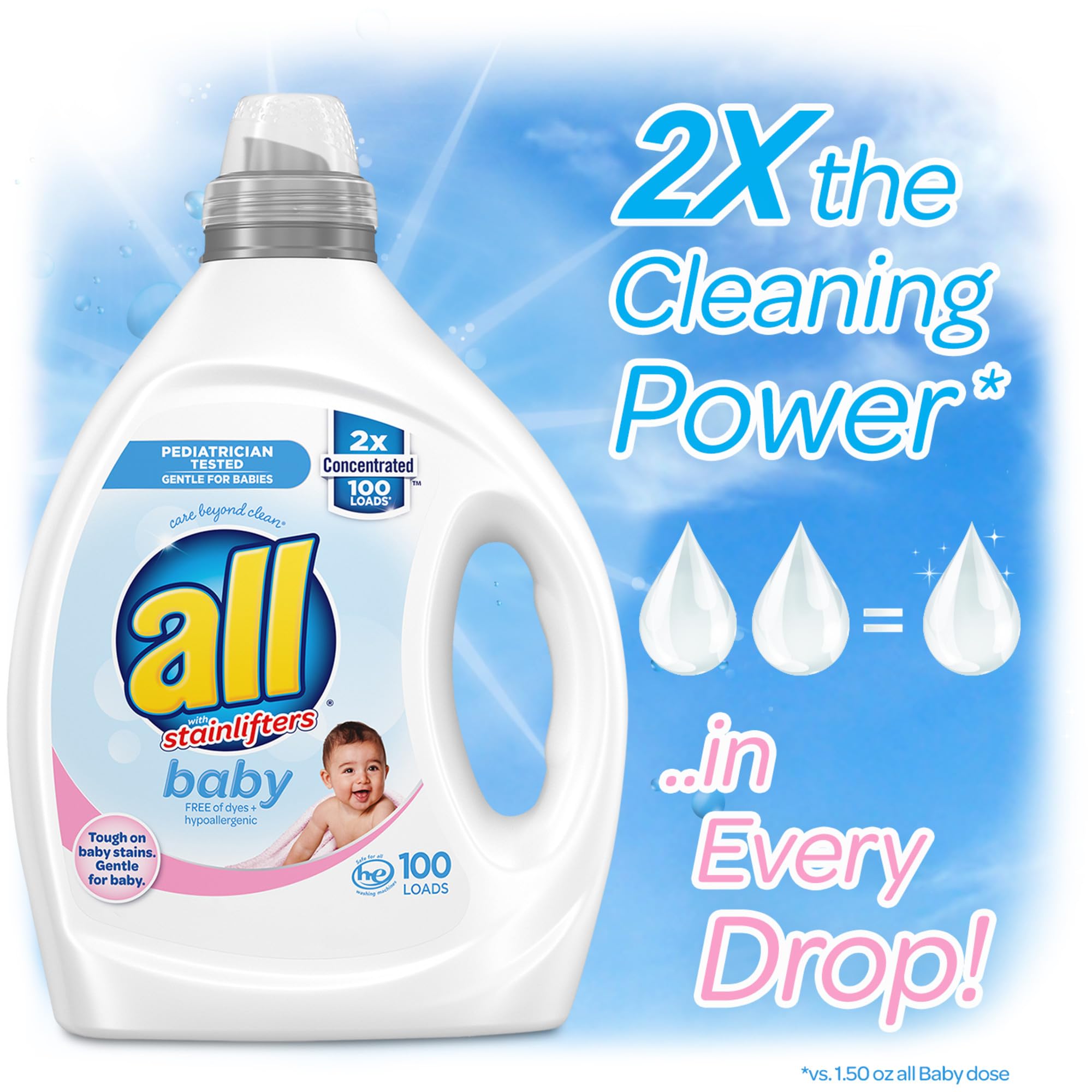 all Liquid Laundry Detergent, Gentle for Baby, Hypoallergenic & Free Of Dyes, 2X Concentrated, 100 Loads